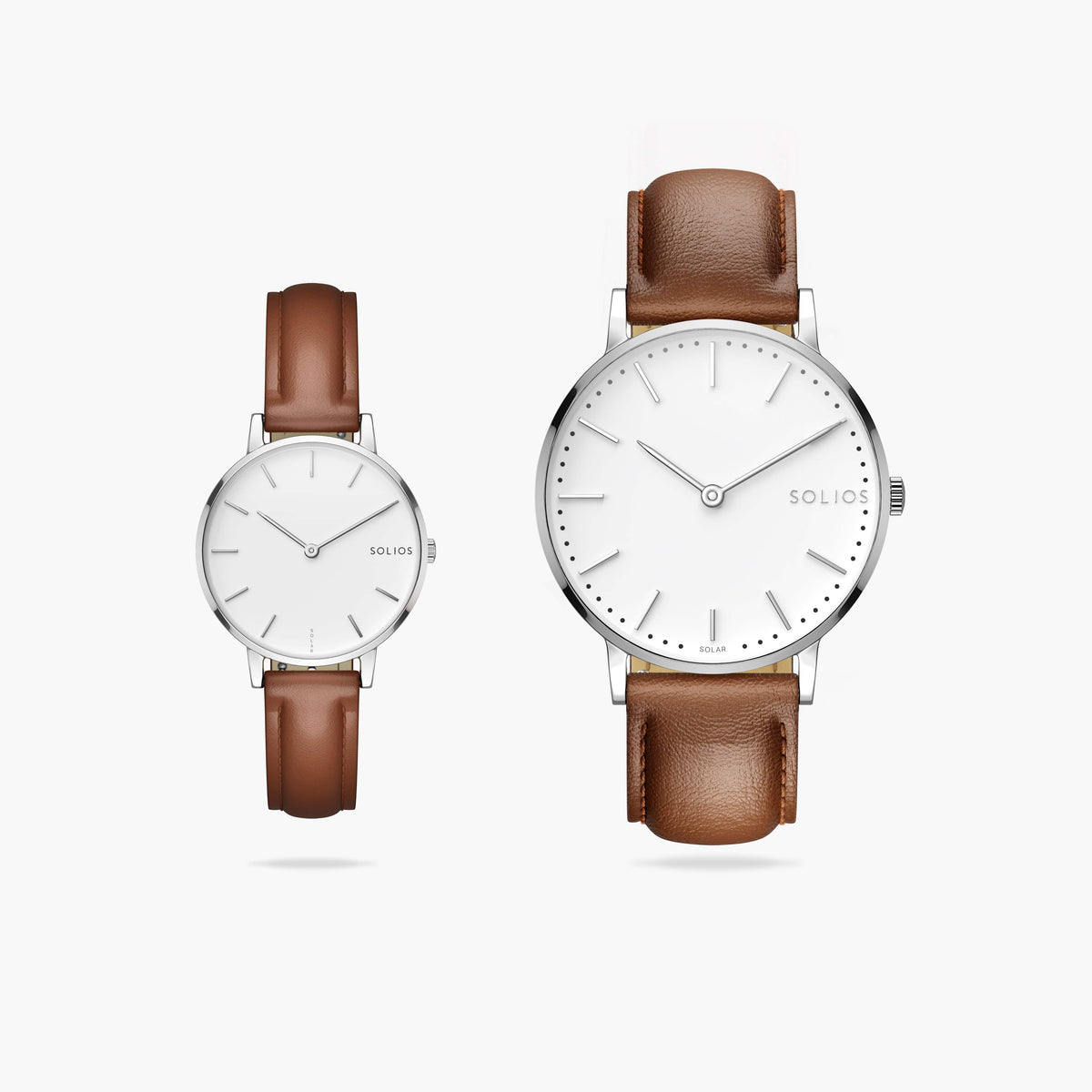 Watch Set - Solar Classic & Mini | White Dial - Silver Case | Brown Ve ...